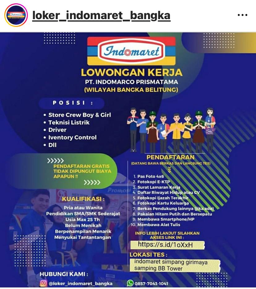 info Loker Strore Crew Boy & Girl,Teknisi Mesin,Driver,Inventory Control-Indomaret Bangka Belitung
